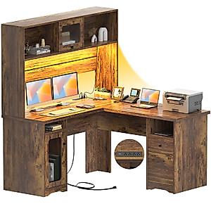 Unikito L Shaped Desk with Drawers, 60 Inch Office Desk with Power Outlet and LED Lights, Sturdy Corner Computer Desk with Hutch and File Cabinets, 2 Person Home Office Gaming Table, Vintage