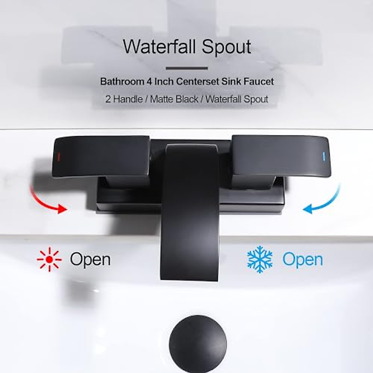 BANGPU 4 Inch Centerset Sink Faucet 3 Hole Centerset Sink Faucet 2 Handle Bathroom Basin Faucet Waterfall Lavatory Vanity Faucet 4 Inch with Pop Up Drain, Matte Black