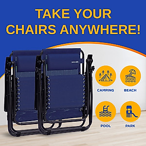 SereneLife SLZGHBLU29.5 Outdoor Adjustable Zero Gravity Lounge Chair Recliners with Plastic Cup Holder Side Table and Padded Headrest Pillows, 2 Pack, (Blue)