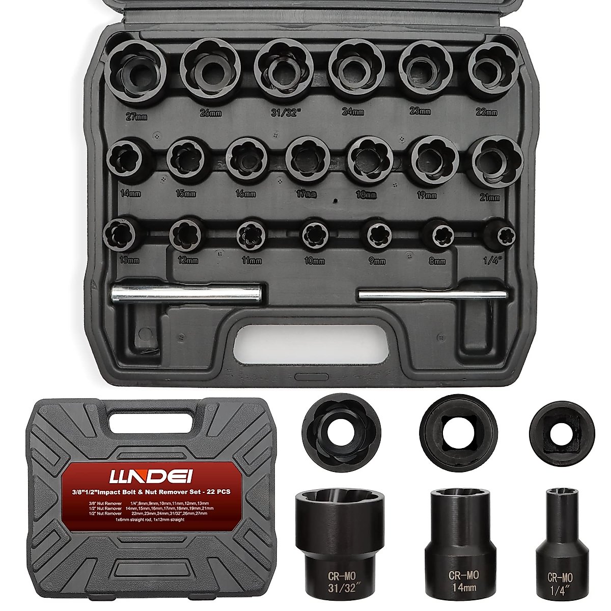 LLNDEI Upgrade Lug Nut Remover Bolt Extractor Set ½ in. and ⅜ in. Drive, Impact Bolt Nut Remover Socket Tool, Chrome-Molybdenum Steel, 1/2"&3/8" Dr. Twist Socket Set with Black Case (22PCS)