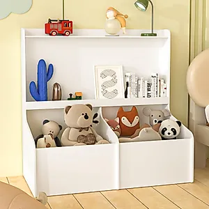 Azheruol Cubby Toy Storage Cabinet 3 Tier Wooden Children Bookcase,Toy and Book Storage Organizer Shelf for Playroom, Bedroom, Living Room, Nursery, School (White)