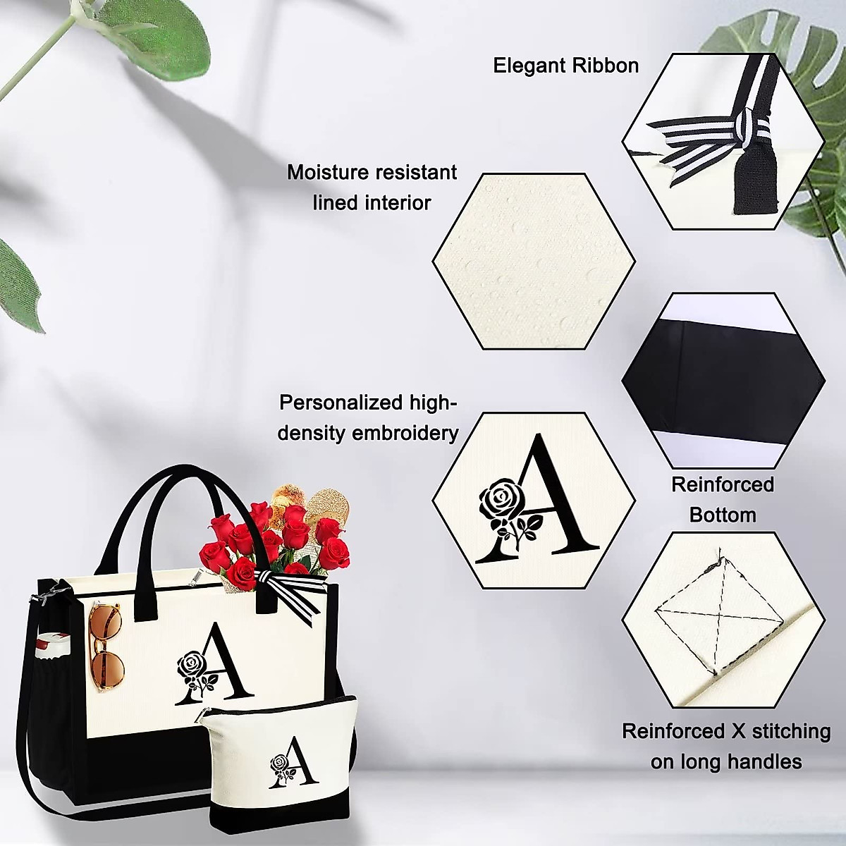 YOOLIFE Retirement Gifts for Women - Initial G Monogrammed Beach Tote Bag with Zipper Makeup Bag Personalized Birthday Gifts Women Her Mom Teacher Friends Female Sister Bridal Shower Bridesmaid Gifts