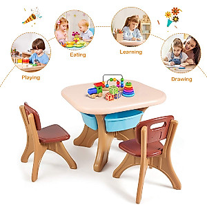 Costzon Kids Table and Chair Set, 3 Piece Activity Table w/Detachable Toy Storage Bin & 2 Chairs for Children Reading Art Craft, Strong Bearing Capacity, Lightweight, Toddler Table & Chair Set, Coffee