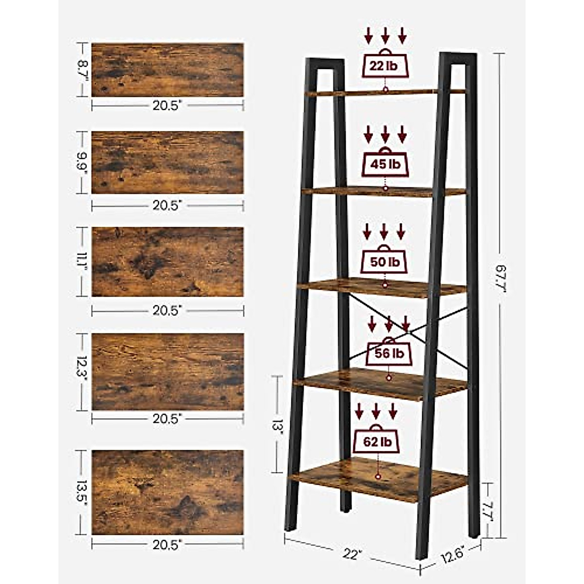 VASAGLE ALINRU 5-Tier Bookshelf, Industrial Bookcase and Storage Rack, Wood Look Accent Furniture with Metal Frame, 22.1 x 13.3 x 67.7 Inches, Rustic Brown