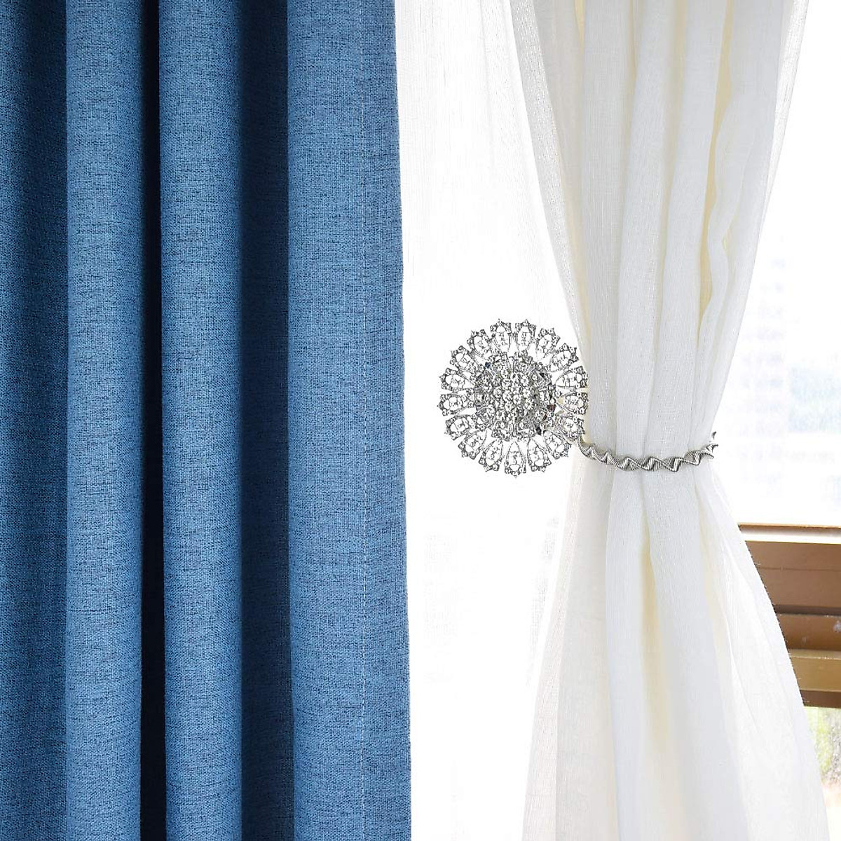 2PCS Magnetic Curtain Tiebacks European Style Sparkling Flower Window Curtain Bind Holdback Buckles Clips Tie Backs Drapery Holders with Stretchable Spring Wire Rope for Decoration,Silvery