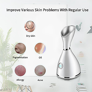Facial Steamer-Nano Ionic Facial Steamer Warm Mist Humidifier Atomizer Sprayer Moisturizing Face Steamer Home Sauna SPA Face with 4 Piece Stainless Steel Skin Kit and Hair Band(White)