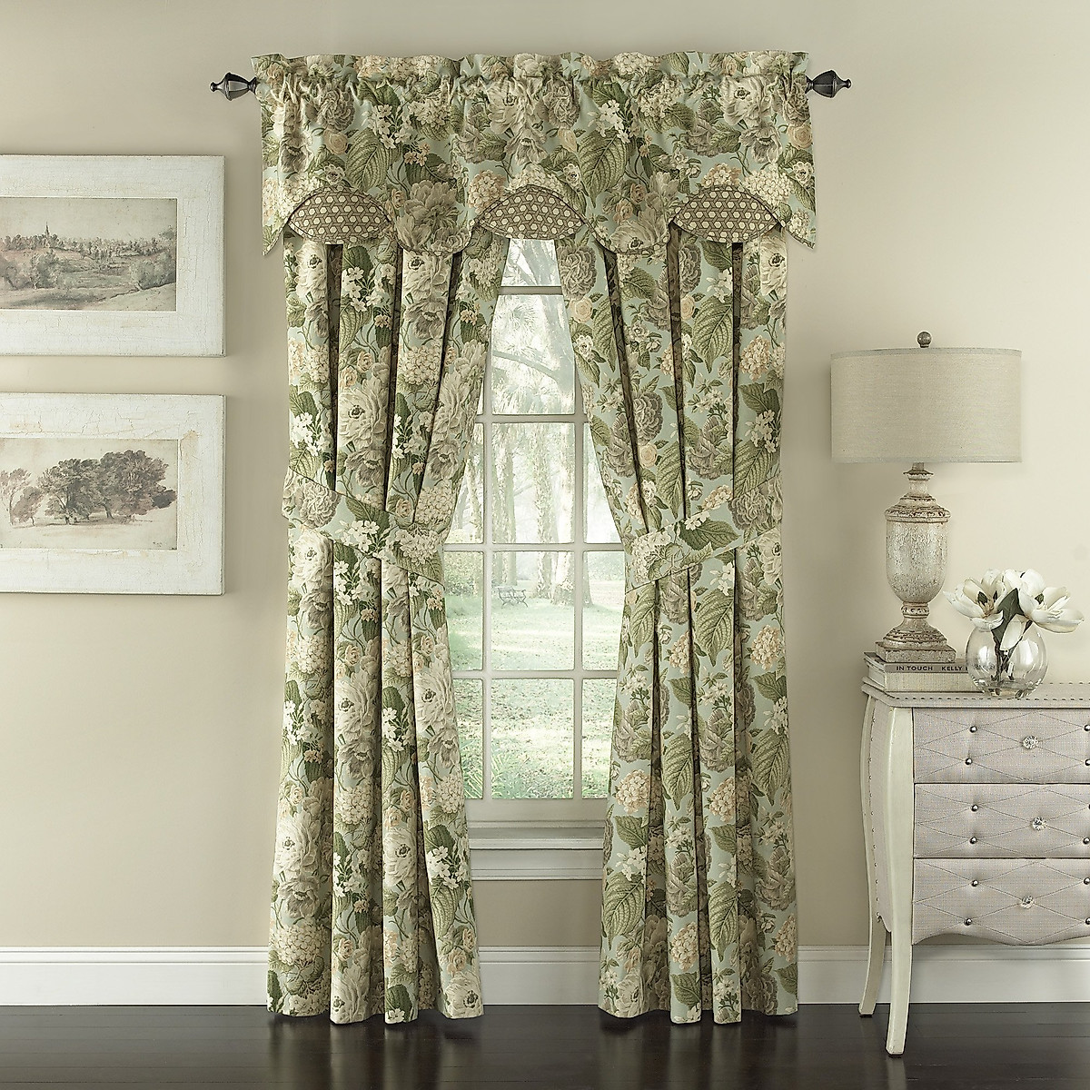 Waverly - 14916100X084MST Garden Glory-Rod Pocket Curtains for Living Room, Double Panel, 84x100, Mist