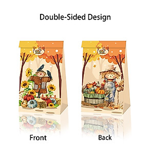 Konsait 12 Pack Fall Gift Bags Thanksgiving Treat Bags, Scarecrow Theme Fall Goodie Bags, Pumpkin Sunflowers Harvest Fall Party Favors Bags, Kraft Thanksgiving Paper Bags Thanksgiving Gift Bags