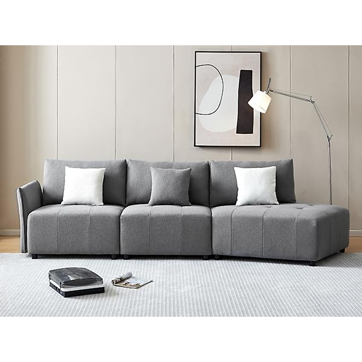 Eafurn 120" Teddy Fleece Curved Chaise Lounge,Free Combination Modular Sectional Set,3 Seater Button Tufted Comfy Sofa & Couches for Living Room Bedroom Apartment with 3 Pillows, Gray