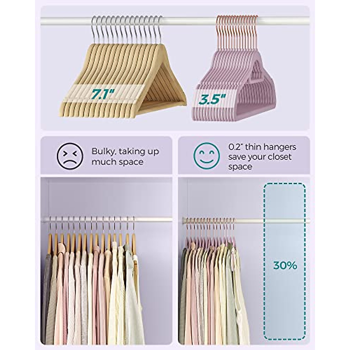 SONGMICS Velvet Hangers Bundle, Set of 50 with Set of 50, Clothes Hanger with Rose Gold Swivel Hook, Non-Slip, and Space-Saving, 0.2-Inch Thick, Pale Purple and Light Pink, UCRF021GP50 and UCRF21PK50