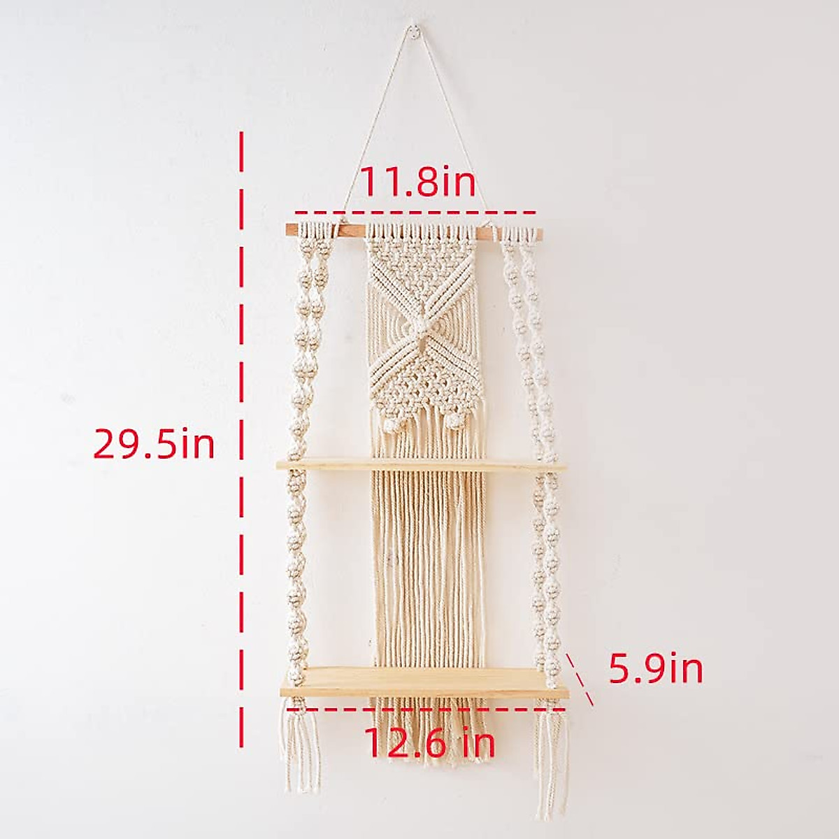 JnnRain Macrame Shelf Wall Hanging Beige Shelves White Decor Plants Home 2D x 1W x 1H in