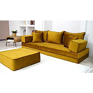 Gold Velvet Fabric Floor Seating, Sectional Sofa, Velvet Floor Sofa, Meditation Sofa, Arabic Floor Sofa Set, Floor Couches (Sofa + Ottoman, 8'' Thickness Sofa)