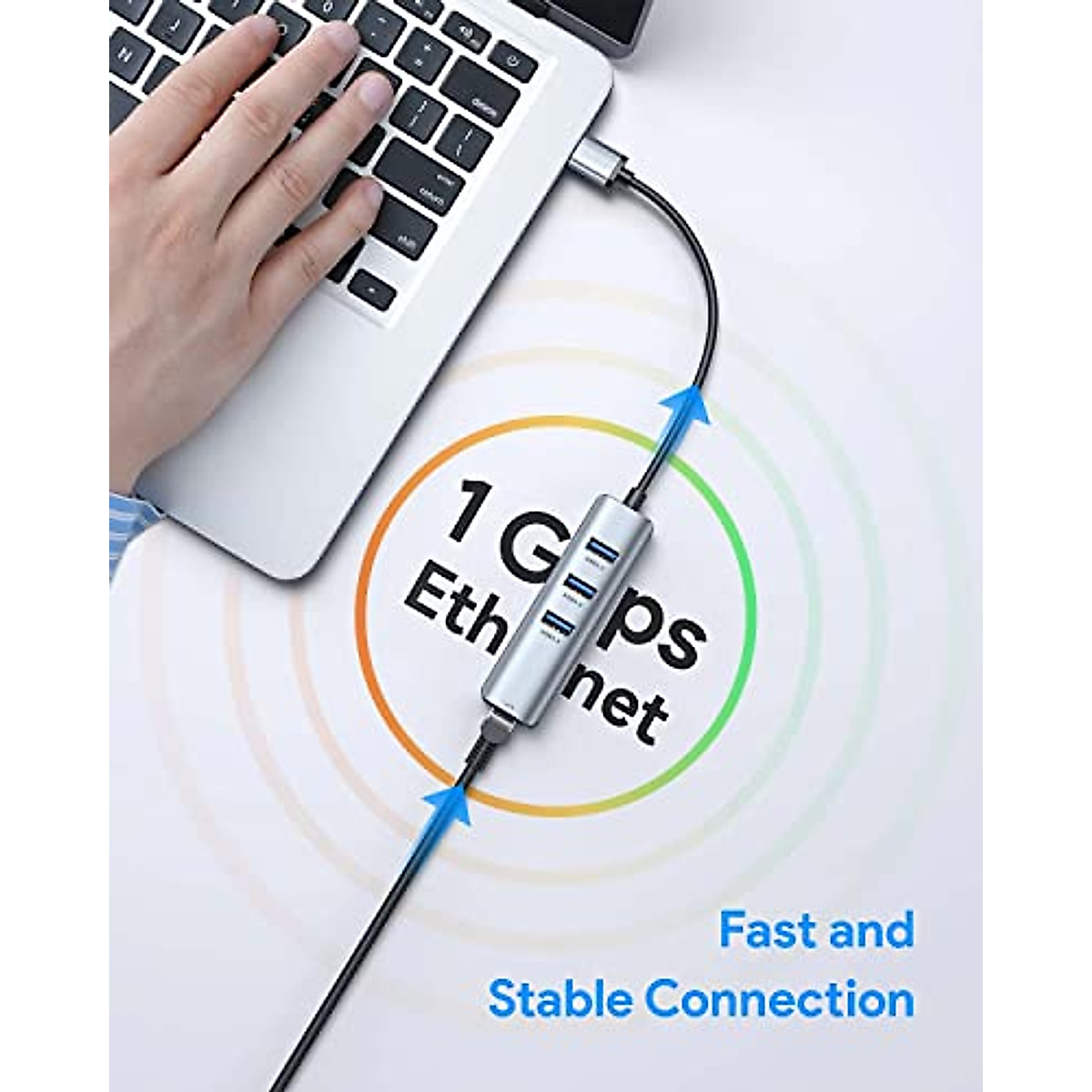 USB 3.0 to Ethernet Adapter,ABLEWE 3-Port USB 3.0 Hub with RJ45 10/100/1000 Gigabit Ethernet Adapter Support Windows 10,8.1,Mac OS, Surface Pro,Linux,Chromebook and More