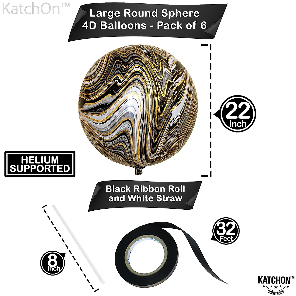 KatchOn, Black and Gold Marble Balloons - 22 Inch, Pack of 6 | Round 4D Marble Black and Gold Balloons, Gold and Black Balloons | Black Agate Balloons | Halloween Balloons for Halloween Decorations