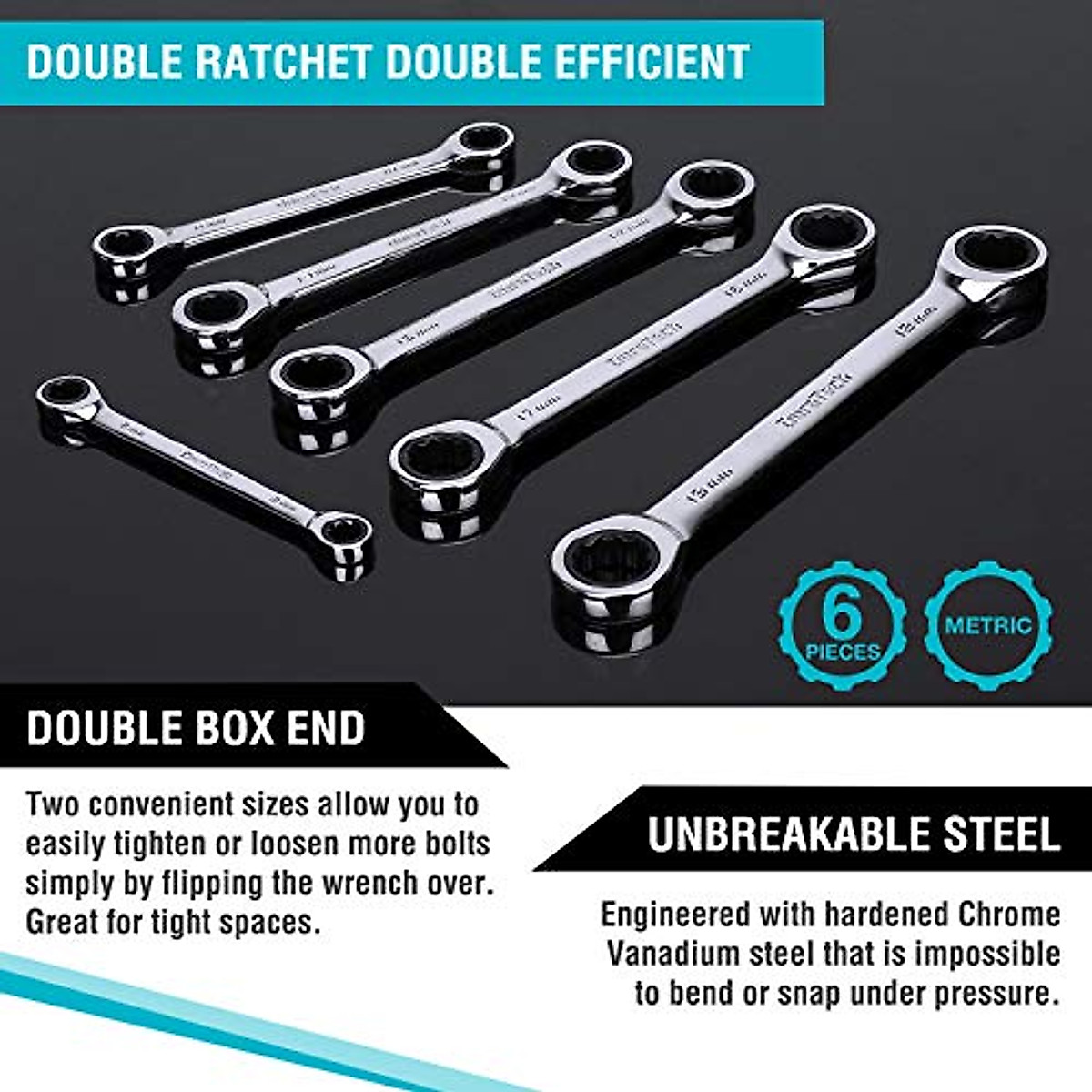 DURATECH Double Box End Ratcheting Wrench Set, Metric, 6-Piece, 8-19mm, CR-V Steel, with Rolling Pouch
