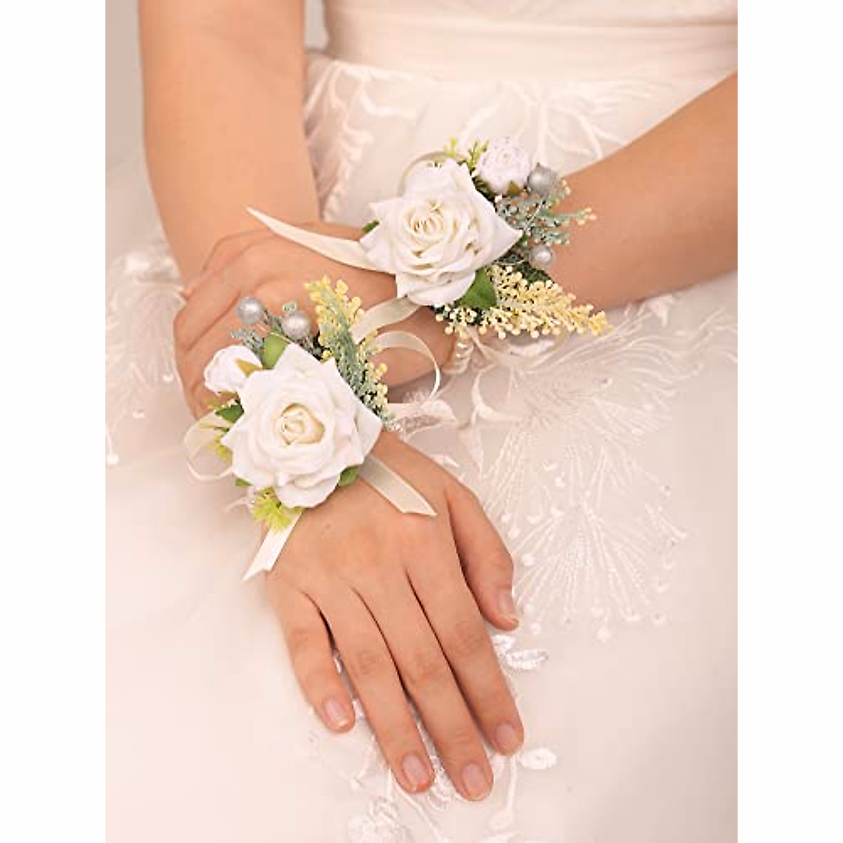 Kercisbeauty White Rose Flower Corsage Wristlet Pearl Bracelet for Wedding Bridesmaid and Flower Girls Handmade Ribbon Wrist Chain (White)