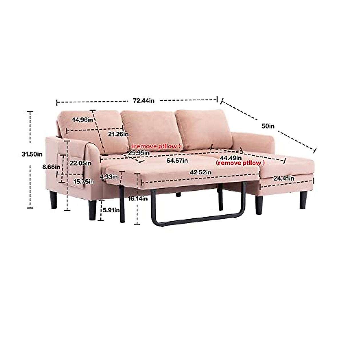 PEIHONGET Sleeper Sectional Sofa, 72.44" Velvet L-Shape 3 Seat with Pull Out Bed, Sectional Sofa Couch with Storage Chaise Living Room Bedroom Apartment(Pink)