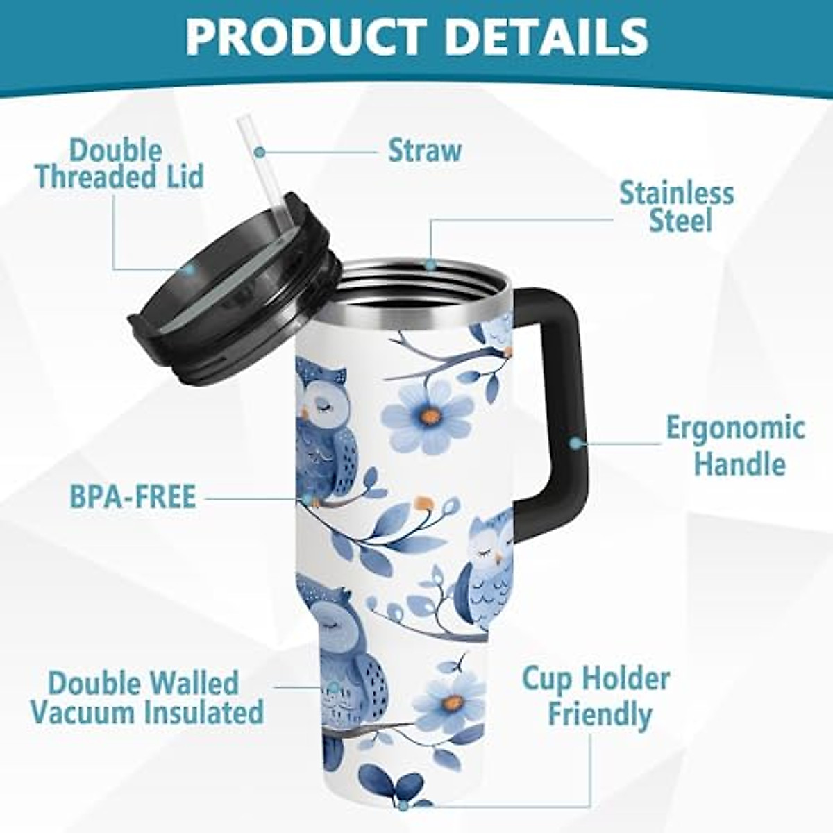 FRCSDIY Cartoon Owl Insulated Tumbler with Handle and Straw Lid,30oz Leakproof Stainless Steel Cup BPA-Free Water Bottle