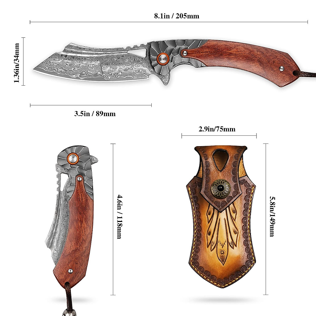 Minowe men's pocket knife Damascus Steel Handmade Folding Knife，3.5 in blade rosewood handle，with leather case ，Liner Lock Steel ball bearings，pocket clip ，EDC Camping Outdoor Survival Knife