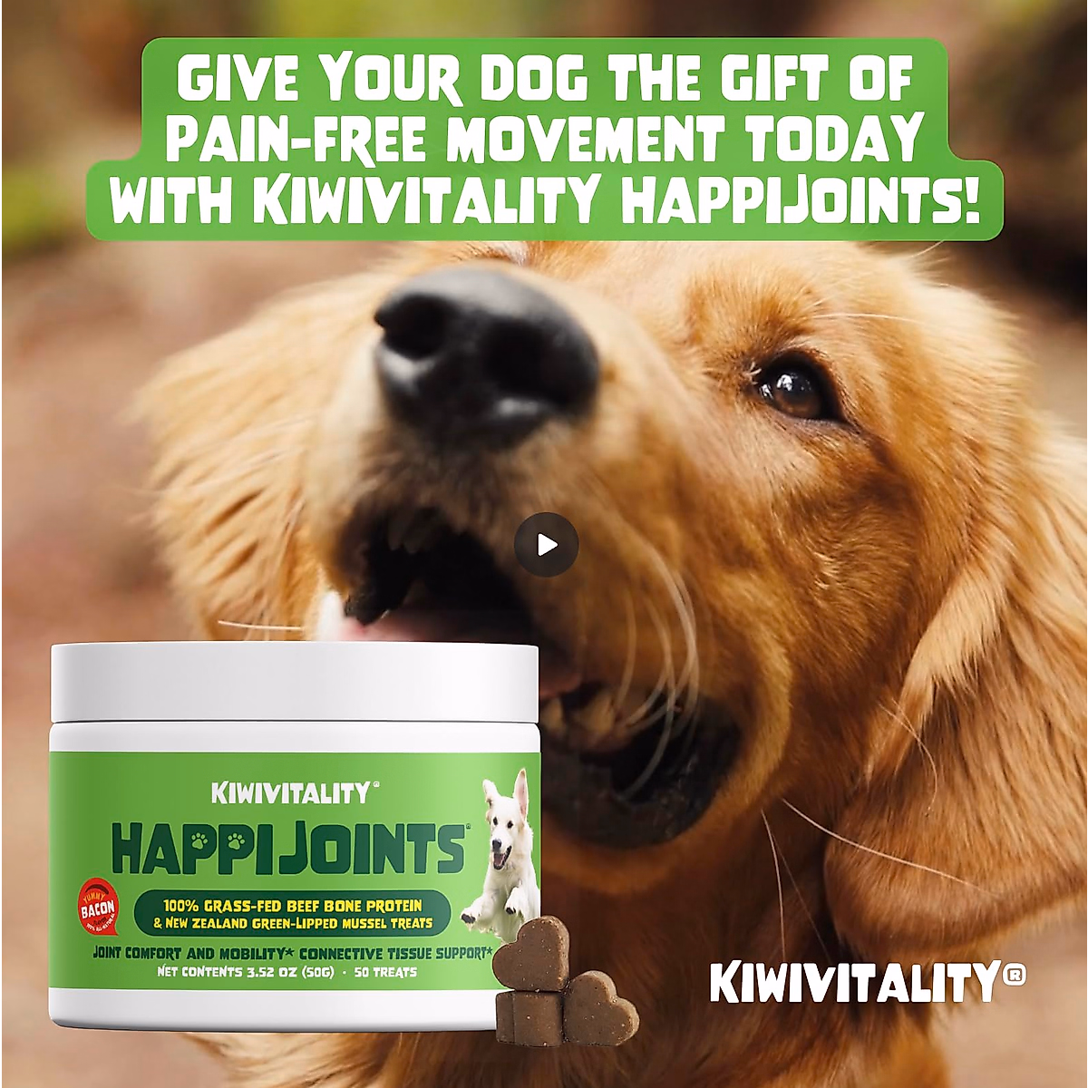 KiwiVitality HappiJoints Hip and Joint Supplement Treats for Dogs, Cats • 100% Grass-Fed Beef Bone Collagen New Zealand Green-Lipped Mussels • 100 Treats