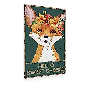 Rustic Bathroom Metal Tin Sign Wall Decor - Vintage Bathroom Quote Hello Sweet Cheeks Fox Tin Sign for Toilet Restroom Home Decor Gifts
