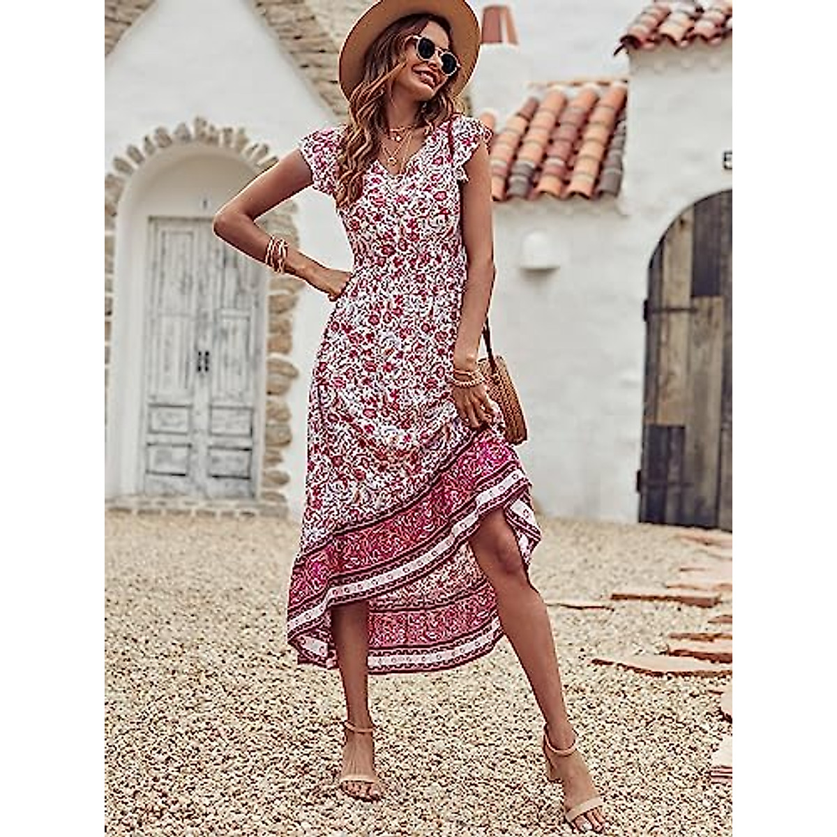 PRETTYGARDEN Summer Dresses for Women 2023 - V Neck Floral High Low Flowy Maxi Dress White