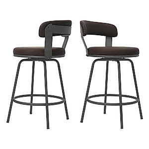 FERFALDER 24 Inch Swivel Counter Height Bar Stools Set of 2, Modern Counter Height Bar Stools with Backs, Leather Counter Height Bar Stools for Kitchen Island, Brown