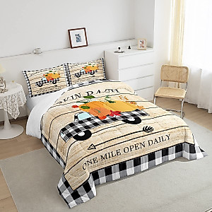 Homewish Pumpkin Grid Truck Bedding Set Queen Size,Rustic Farmhouse Comforter Set Kids Boys Girls Room Decor,Autumn Plants Themed Quilt Set Halloween Style Duvet Insert 3pcs with 2 Pillowcases
