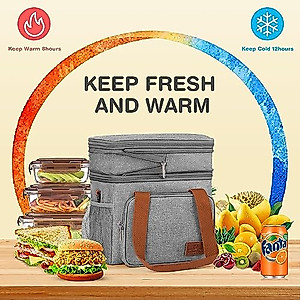Xexxvre Lunch Box For Men Women,17L Insulated Lunch Bag Women, Expandable Double Deck Lunch Cooler Bag,Lightweight Leakproof Lunch Tote Bag, Suit For Work Travel Grey Light gray
