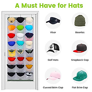 Hat Racks for Baseball Caps, Baseball Hat Organizer Ball Cap Holder with 24 Breathable Mesh Pockets, Hat Storage Hanger with 4 Metal Hooks and 3 Adhesive Velcro Strips