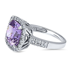 BERRICLE Sterling Silver Halo Purple Cushion Cut Cubic Zirconia CZ Statement Cocktail Fashion Ring for Women, Rhodium Plated Size 9