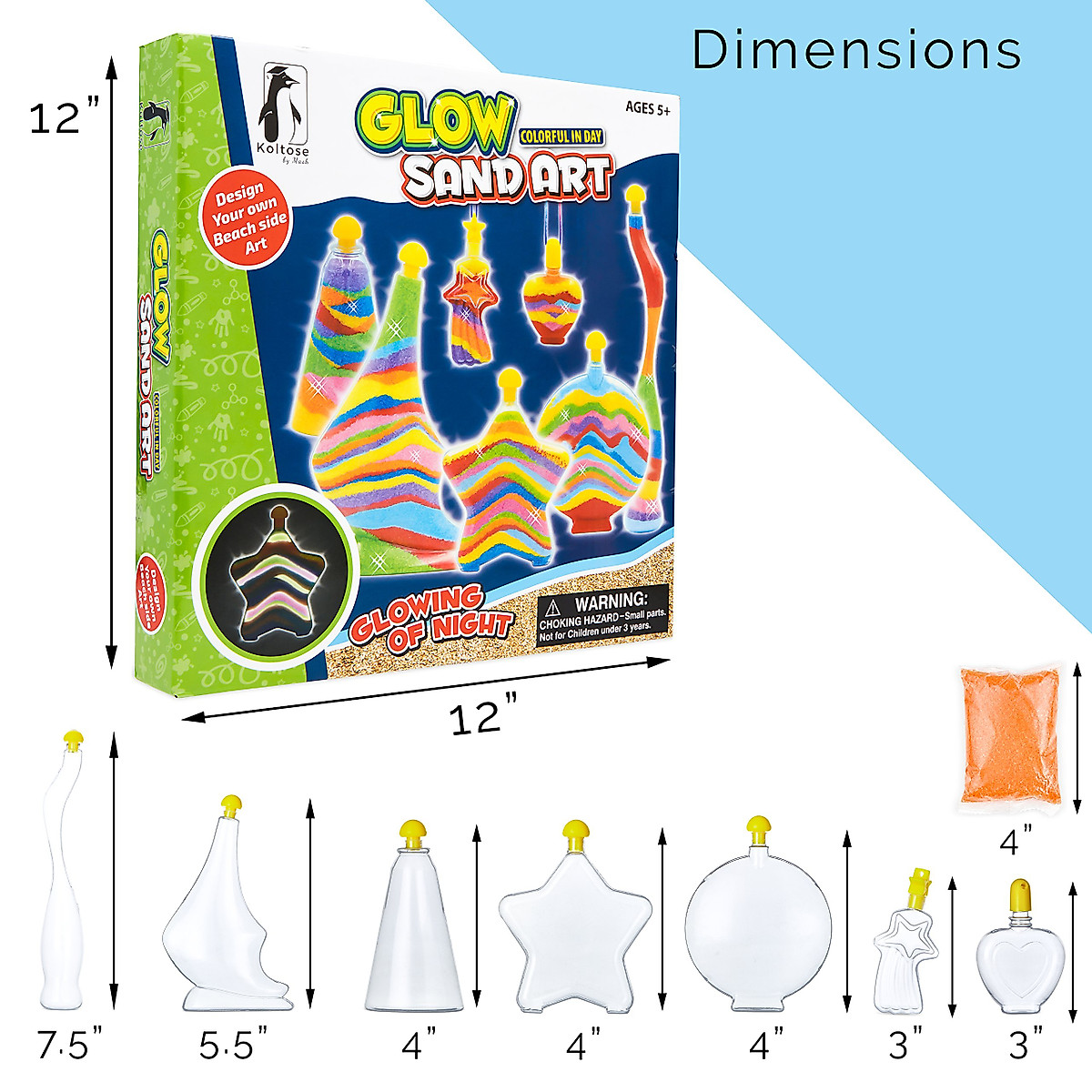 Sand Art Kit for Kids, Glow in the Dark Sand Art Bottles and Necklaces, Arts and Crafts STEM Toys for Boys and Girls, 8 Art Sand Colors Including 2 Glow in the Dark, Craft Gift for Boys and Girls 3+