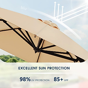 BLUU REDWOOD 10 FT Square Patio Umbrella Offset Cantilever Outdoor Umbrella Aluminum Market Hanging Umbrellas with 360° Rotation Device and Unlimited Tilting System & Cross Base (Beige)