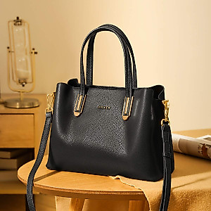 Cow Leather Handbags for Women, Ladies Top-handle Bags with Adjustable Shoulder Strap Womens Fashion Designer Purses and Handbags Tote Bag (Black)