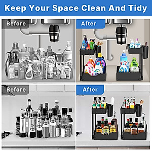 2 Pack Under Sink Organizer, L-Shaped 2-Tier Sliding Basket Organizer with 4 Hooks and Hanging Cup,Multi-purpose Organizer and Narrow Space Storage Shelf for Bathroom Kitchen Cabinet, (Black 2 Pack)