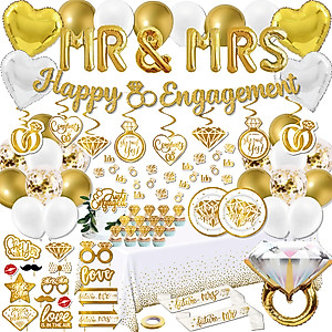 gold engagement party decorations - (Total 90pcs) Glitter happy Engaged Banner, MR and MRS Balloons, Hanging Swirl,balloons, Ring Balloons for Wedding Engagement Party Decor