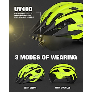 VICTGOAL Bike Helmet with USB Rechargeable Rear Light Detachable Magnetic Goggles Removable Sun Visor Mountain & Road Bicycle Helmets for Men Women Adult Cycling Helmets (XL: 59-63 cm, Yellow)