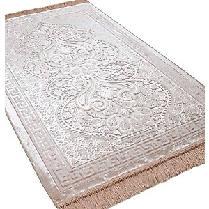Modefa Velvet Prayer Rug - Soft Plush Turkish Janamaz Sajada Carpet for Men and Women - Plain Solid Prayer Mat Ramadan Eid Gift - with Prayer Beads - Floral Luxury Paisley (Blush Pink)