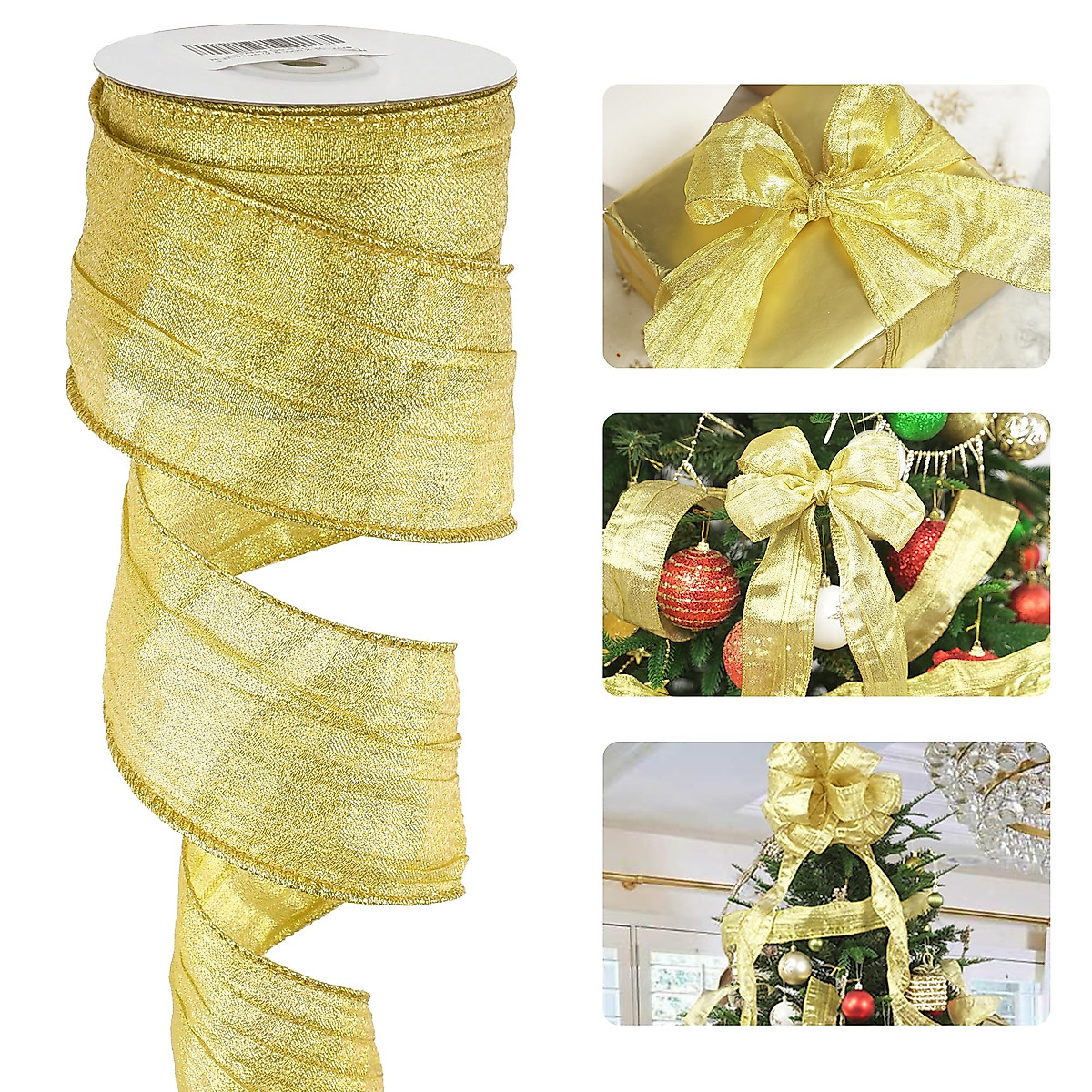 HUIHUANG Gold Wired Ribbon 2-1/2" Metallic Crinkle Gold Christmas Tree Ribbon for Bows Making, Wreath Making Supplies, Gift Wrapping, Holiday Home Decor, Garland, DIY Crafts -10 Yards