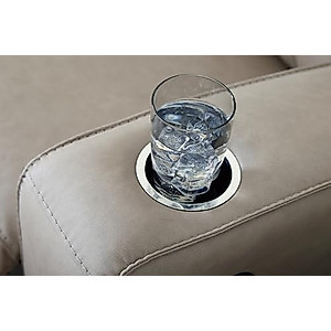 Signature Design by Ashley Lavenhorne Contemporary Faux Leather Manual Reclining Sofa with Drop Down Table, Cup Holders and USB Ports, Beige