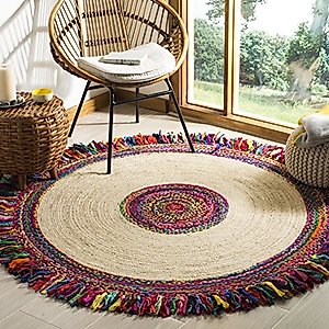 SAFAVIEH Cape Cod Collection 3' Round Ivory/Red CAP205A Handmade Boho Fringe Jute & Cotton Area Rug