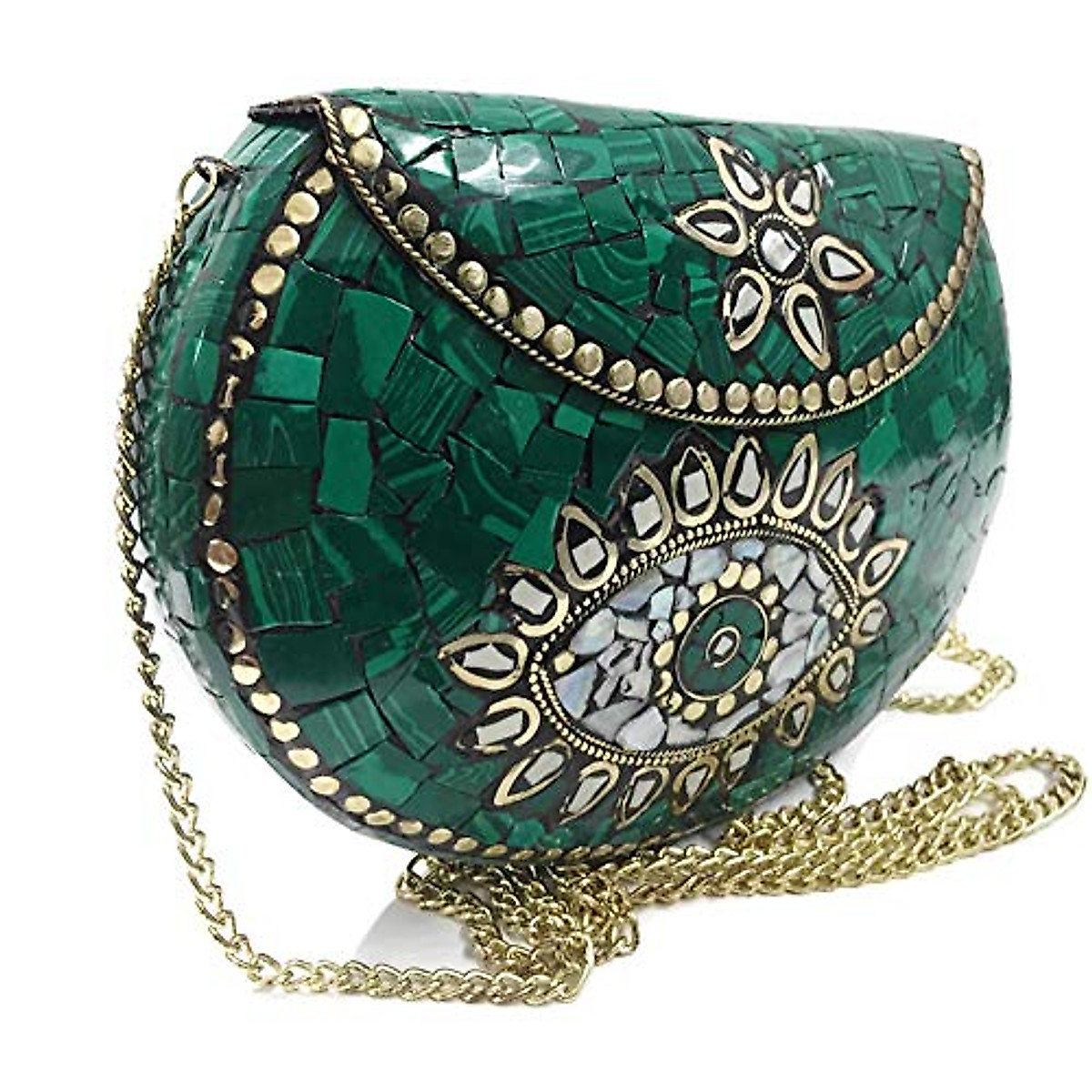 stone mosaic metal bag antique ethnic bridal clutch Indian purse party clutch women bag (Turquoise)