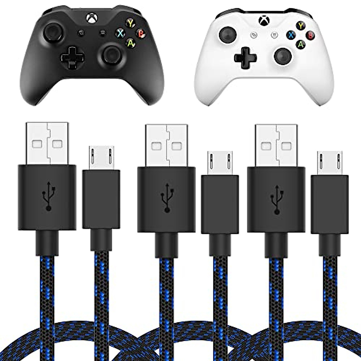 TALK WORKS Charging Cable Compatible with Xbox One Controller - 6-Foot Long Fast Charger Cord Micro USB for X-Box 1 - Heavy-Duty, Braided Black-Blue (3 Pack)