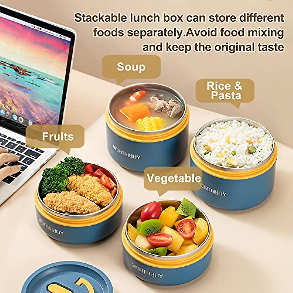 YBOBK HOME Thermal Bento Lunch Box For Food, Portable Keep Warm Lunch Container For Kid Adult To School Work, Stainless Steel Insulated Lunch Box With 2 Separate Microwave Food Containers (Blue 34oz)