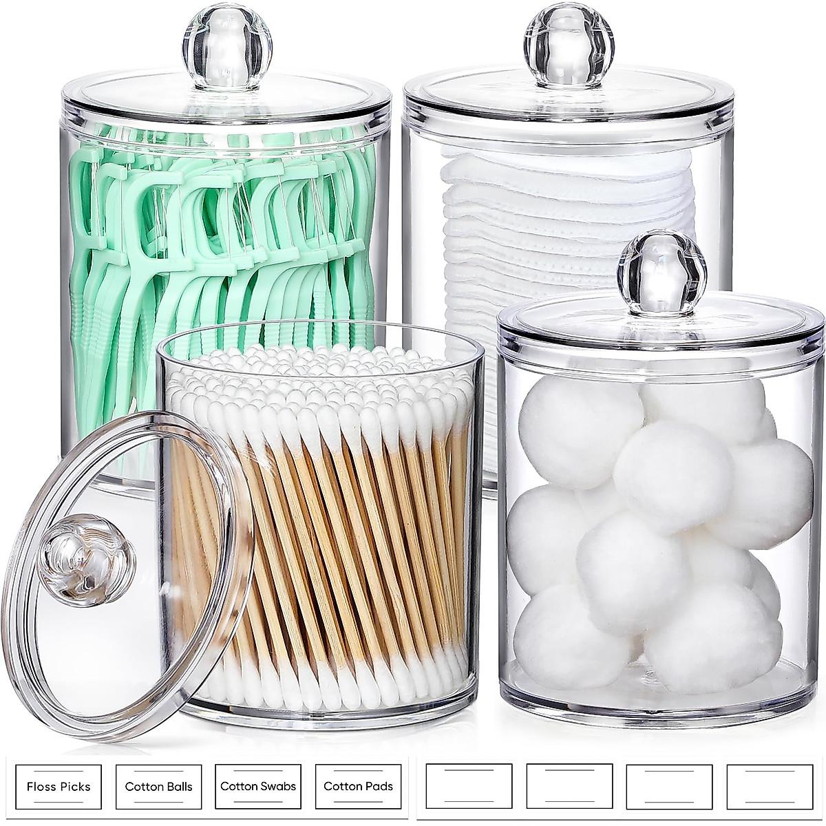4 PACK Qtip Holder Dispenser for Cotton Ball, Cotton Swab, Cotton Round Pads, Floss Picks - 10 oz Clear Plastic Apothecary Jar Set for Bathroom Canister Storage Organization, Vanity Makeup Organizer