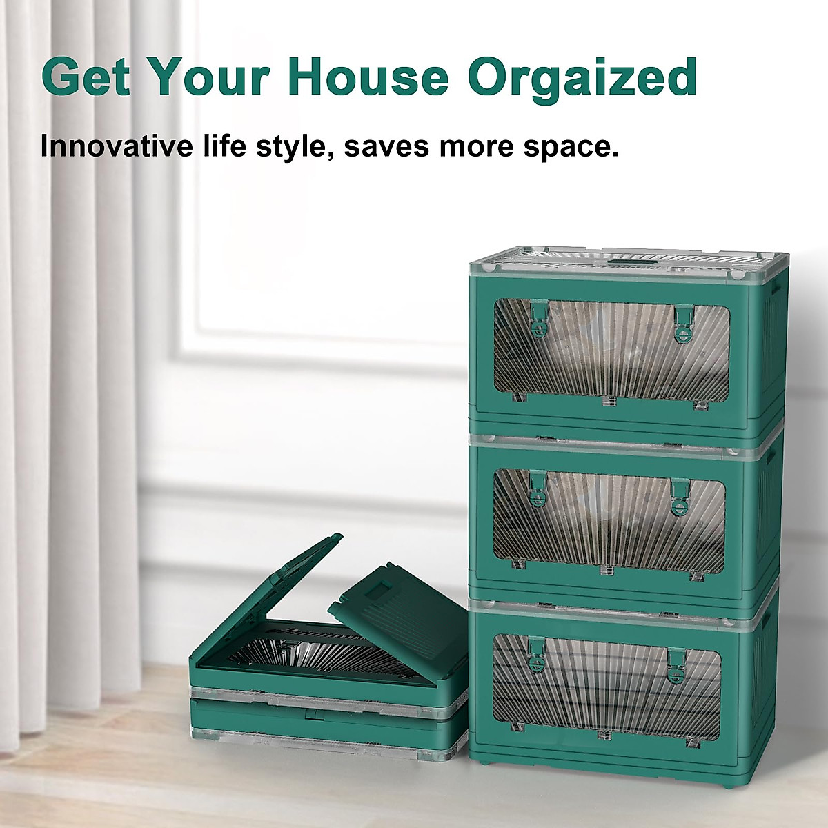 Sindax 2 Pack Storage Bins with Lids - 13.8 Gallon Collapsible Large Storage Bins with Wheels and Door, Stackable Storage Bins for Clothing, Blankets, Books, Bedding