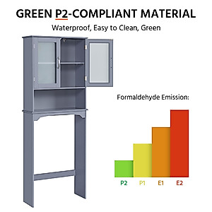 Yaheetech Over The Toilet Storage Cabinet, Free Standing Toilet Rack with Adjustable Shelves and Tempered Glass Doors for Bathroom Washroom, Grey