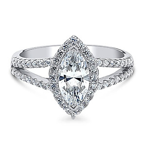 BERRICLE Sterling Silver Halo Wedding Engagement Rings Marquise Cut Cubic Zirconia CZ Promise Split Shank Ring for Women, Rhodium Plated Size 7