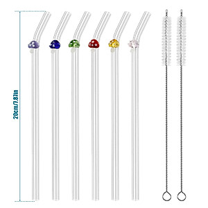5/6Pcs Reusable Glass Straws, with 2 Cleaning Brushes, Clear Cute Butterfly Cherry Mushroom Straws Heat-Resistant Glass Straws for Smoothies Tea Juice Milkshakes Dishwasher Safe (Mushroom)