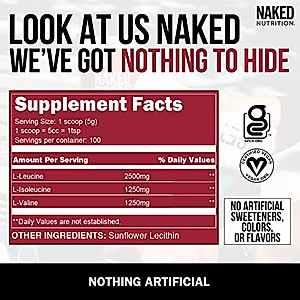 Naked BCAAs Amino Acids Powder, Only 1 Ingredient, 100% Pure 2:1:1 Formula, Vegan Unflavored Branched Chain Amino Acids, Instantized All Natural BCAA Powder Supplement - 500 Grams, 100 Servings